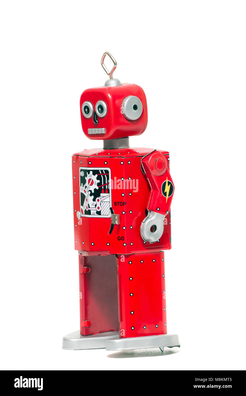 Vintage retro red tin toy robot isolated on a white background Stock ...