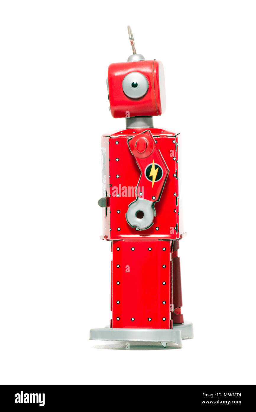 Vintage retro red tin toy robot isolated on a white background Stock ...