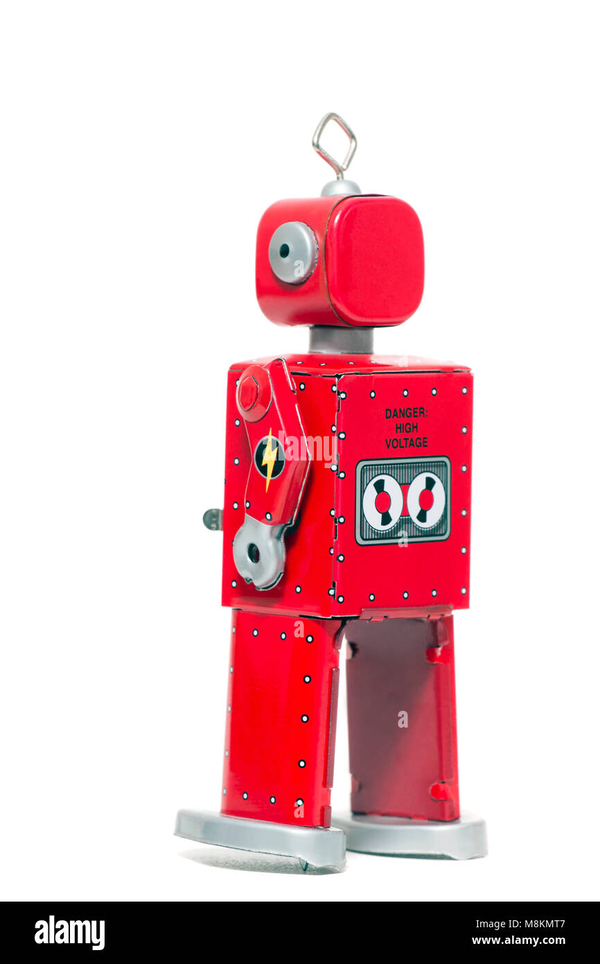 Vintage retro red tin toy robot isolated on a white background Stock ...