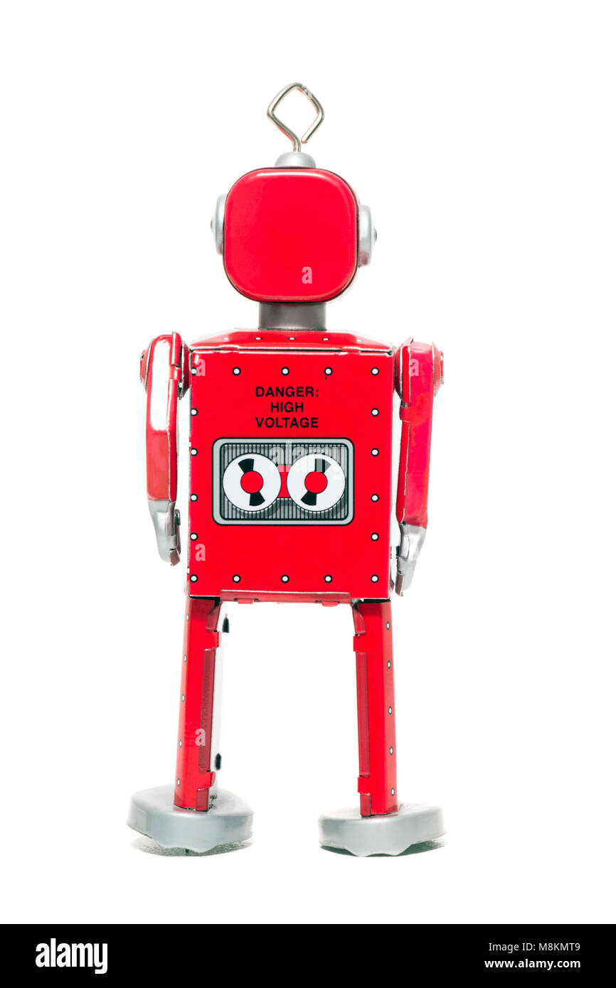 Vintage retro red tin toy robot isolated on a white background Stock ...