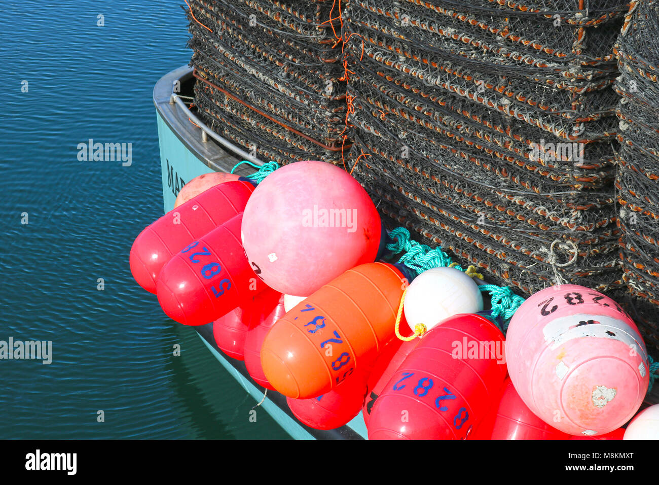 Buoys and crab traps on a commercial fishing boat in Bellingham Bay ...