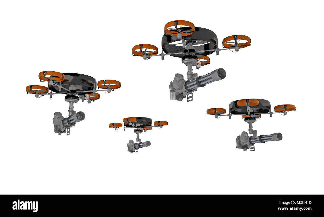 group drone with machine gun isolated on white. 3d rendering Stock ...