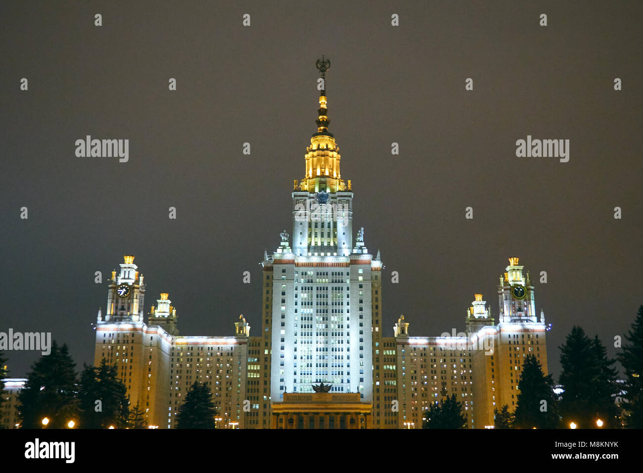 Building in the style of Stalinist architecture illuminated at night ...