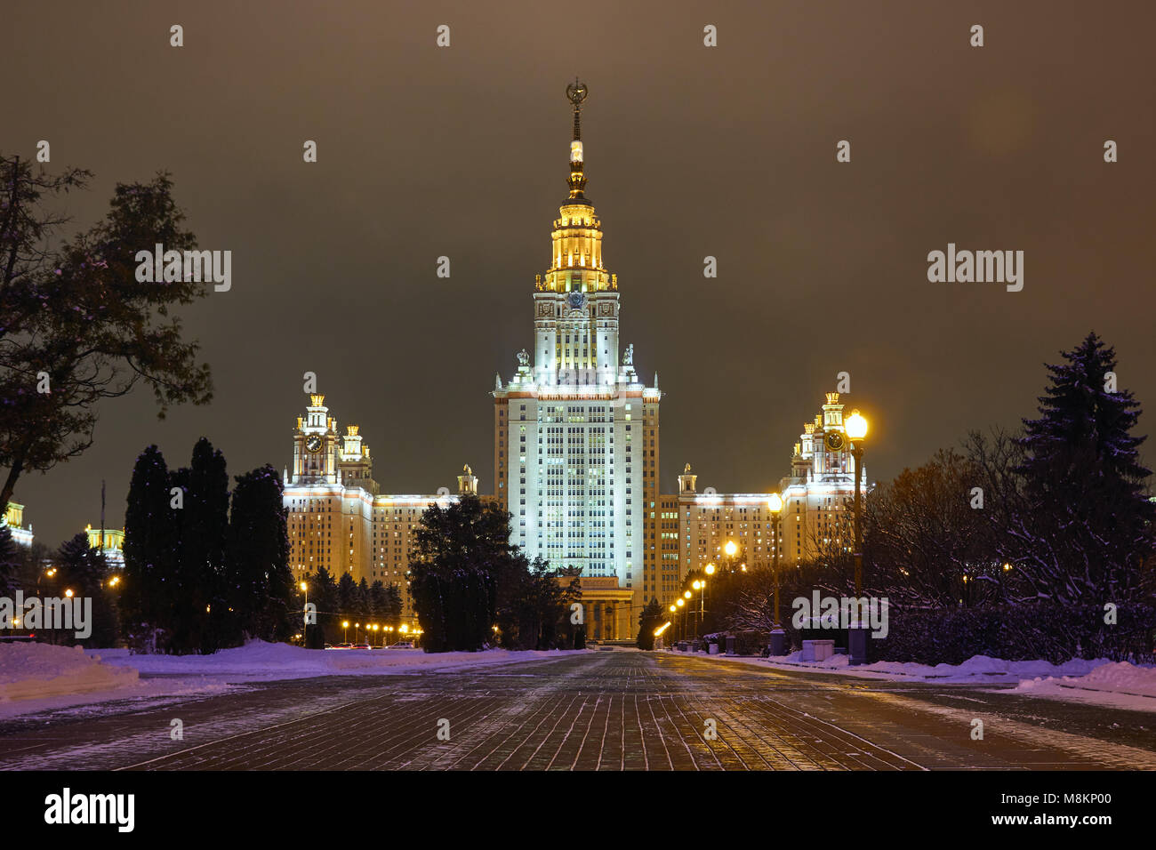 Building in the style of Stalinist architecture illuminated at night ...