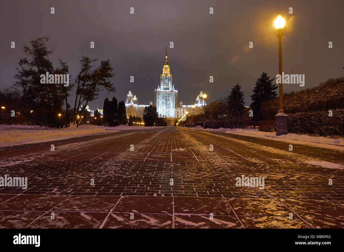 Building in the style of Stalinist architecture illuminated at night ...