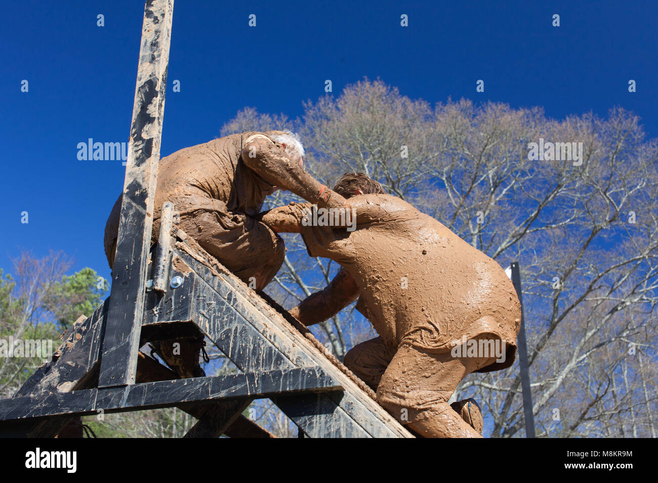 Elderly couple doing obstacle course during race Stock Photo - Alamy