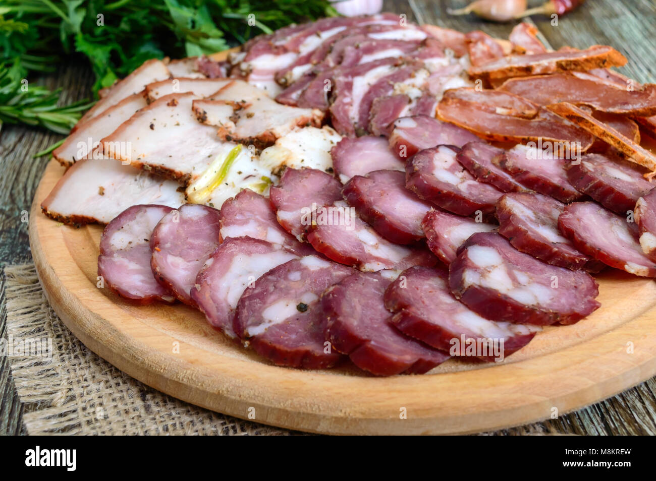 Big meat set. Homemade smoked pork-beef sausage, salted bacon, basturma ...