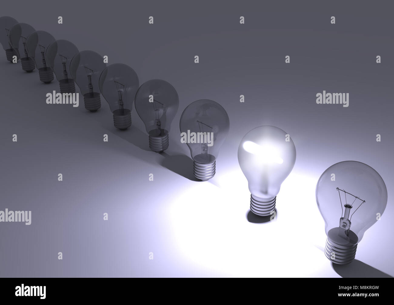 Group of incandescent light bulbs with one bulb illuminated. Idea ...