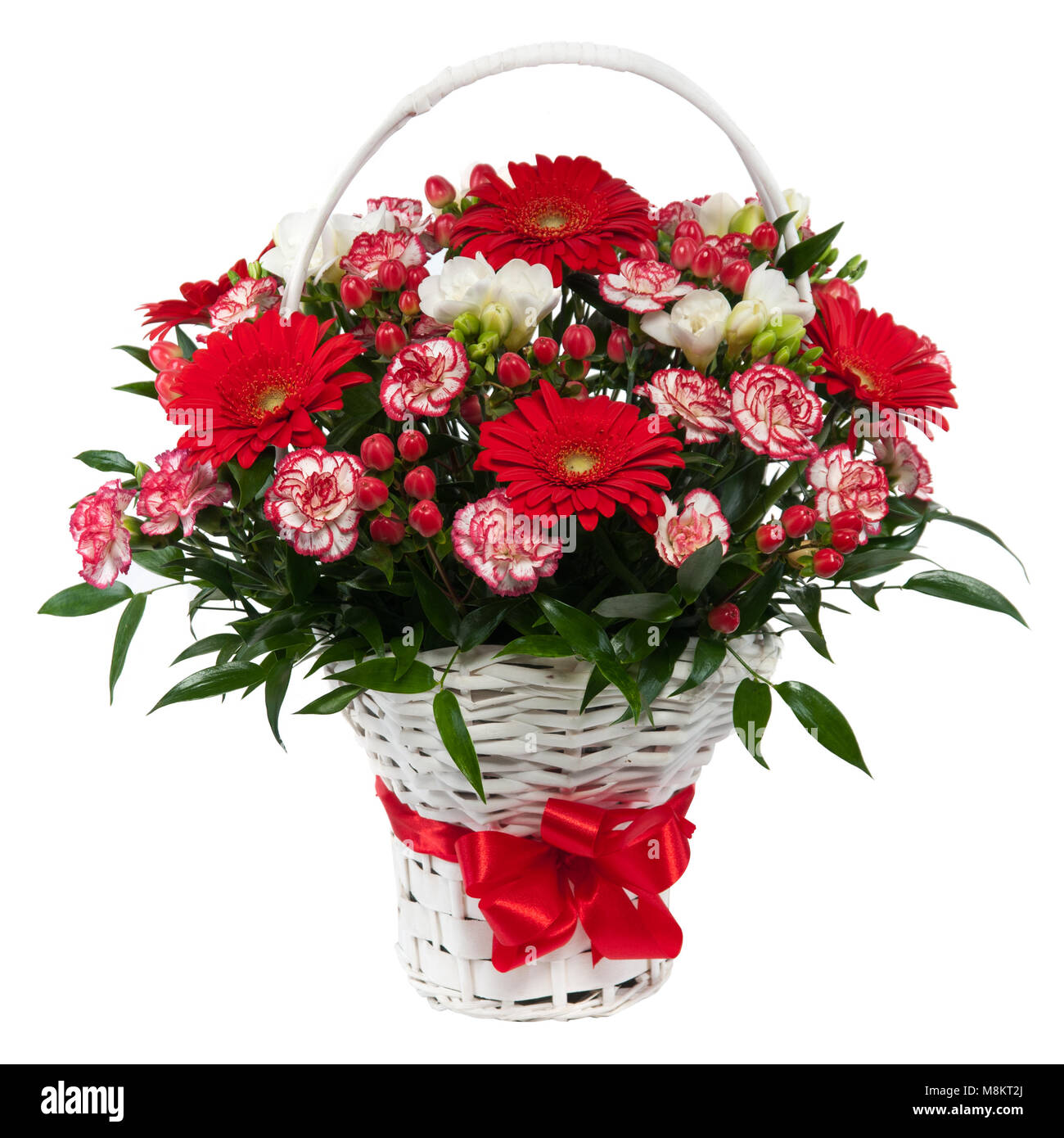 Beautiful basket of colorful flowers at white background isolated Stock ...