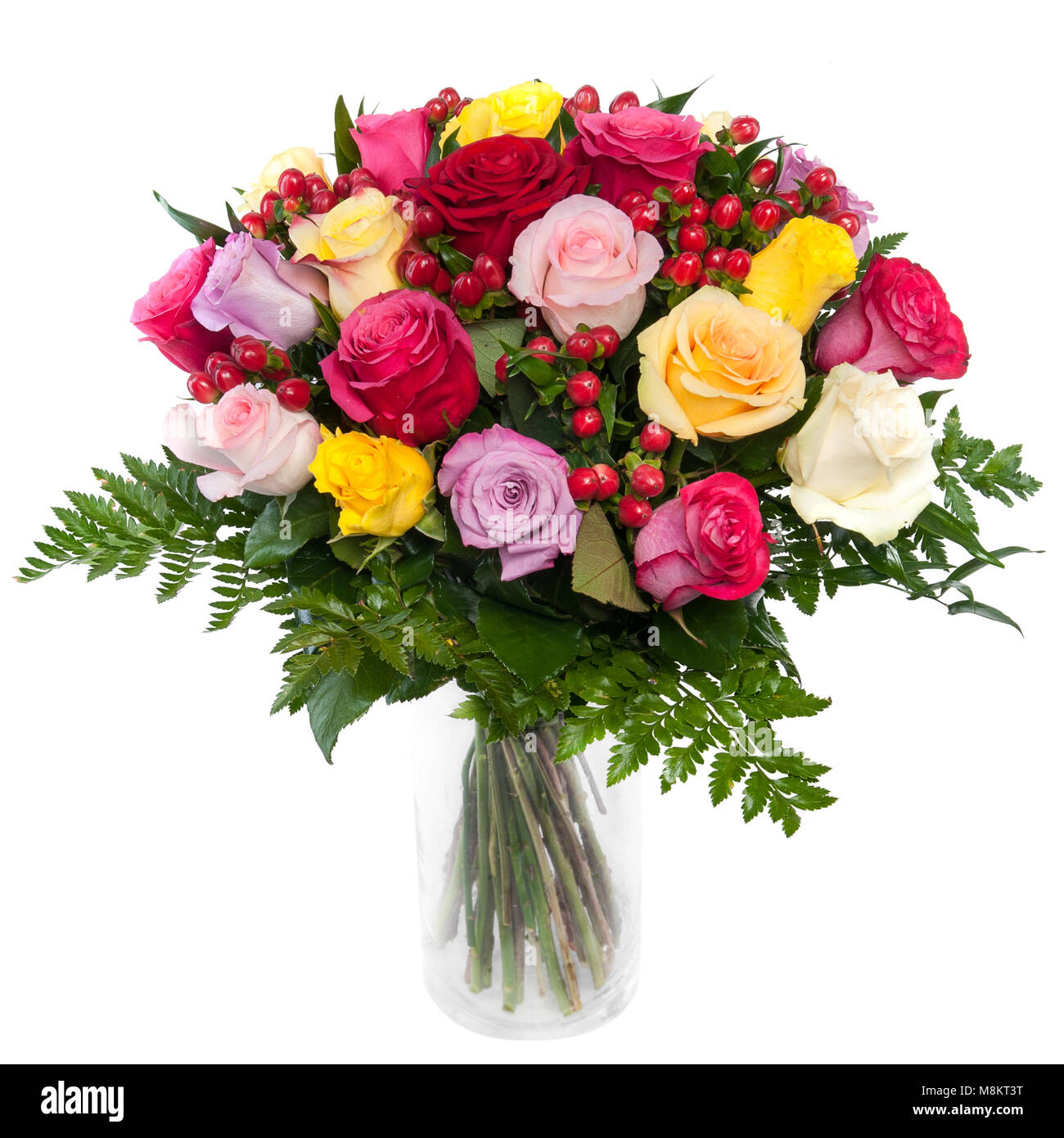 Beautiful Bouquet of colorful roses at white background isolated Stock ...
