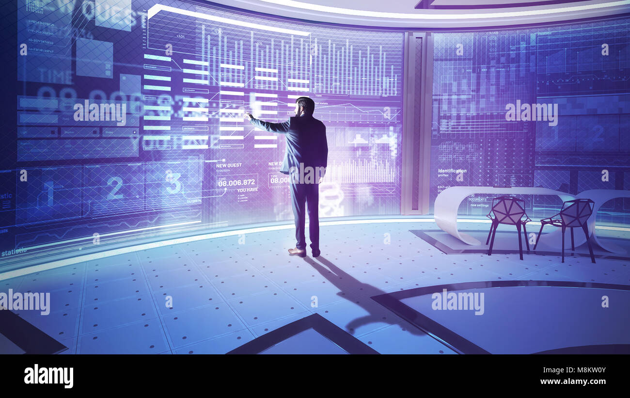 Elegant programmer touching screen while working with futuristic ...