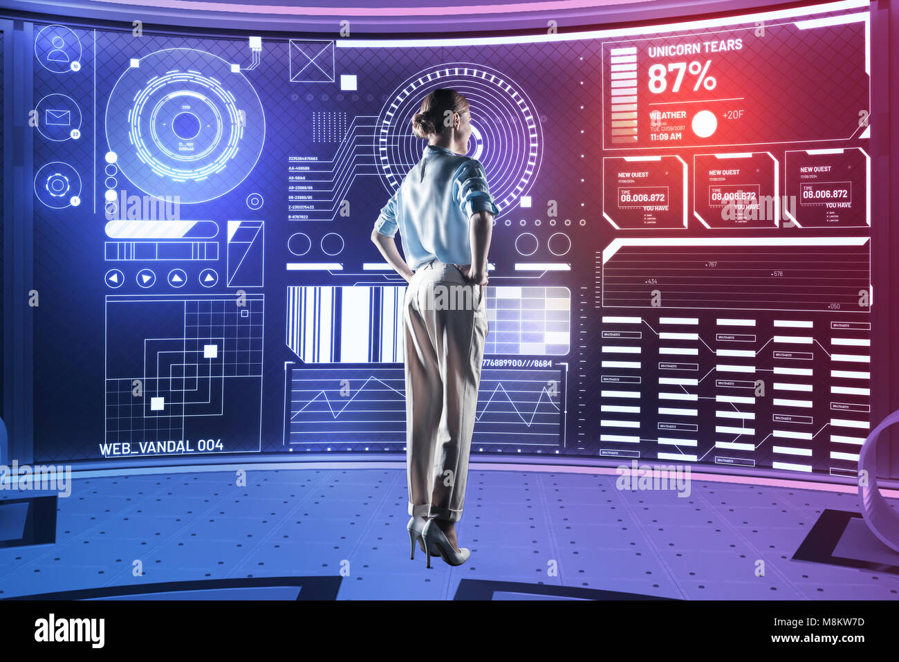 Confident programmer looking at the transparent screen before starting ...