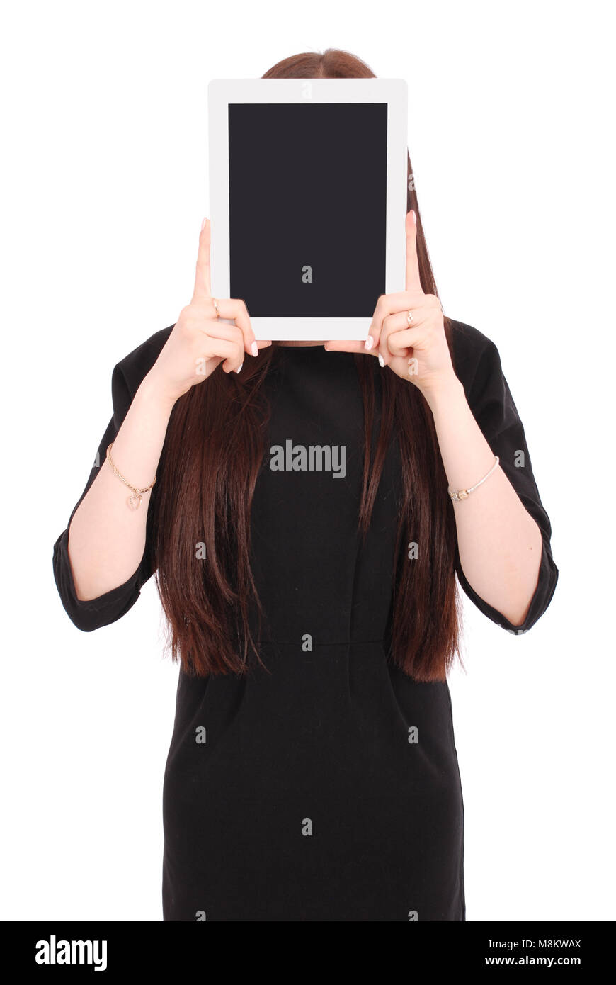 Girl keeps tablet pc the face isolated on white Stock Photo - Alamy
