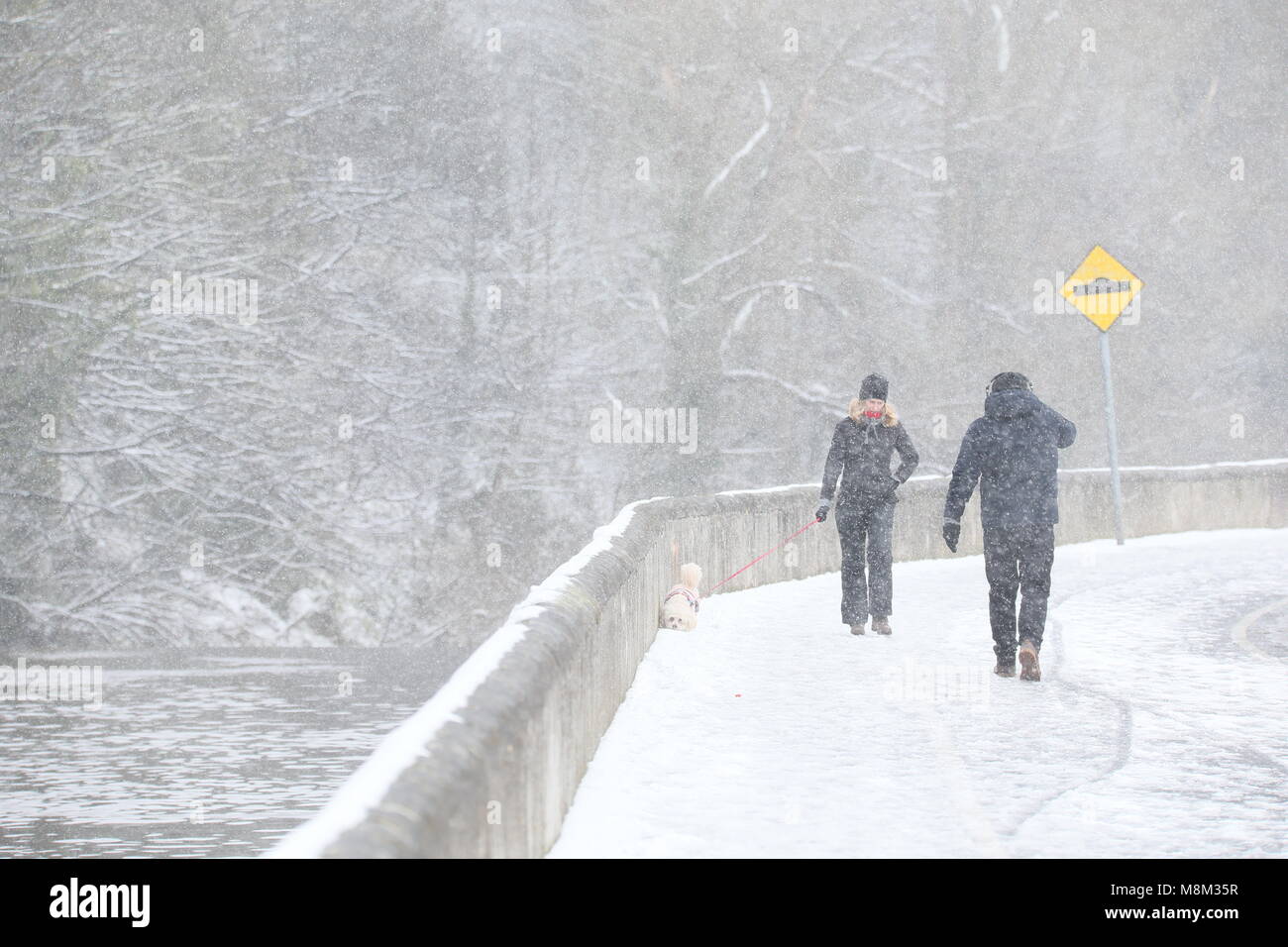 Dublin, Ireland. 18th march, 2018. People walk through snow and wind in ...
