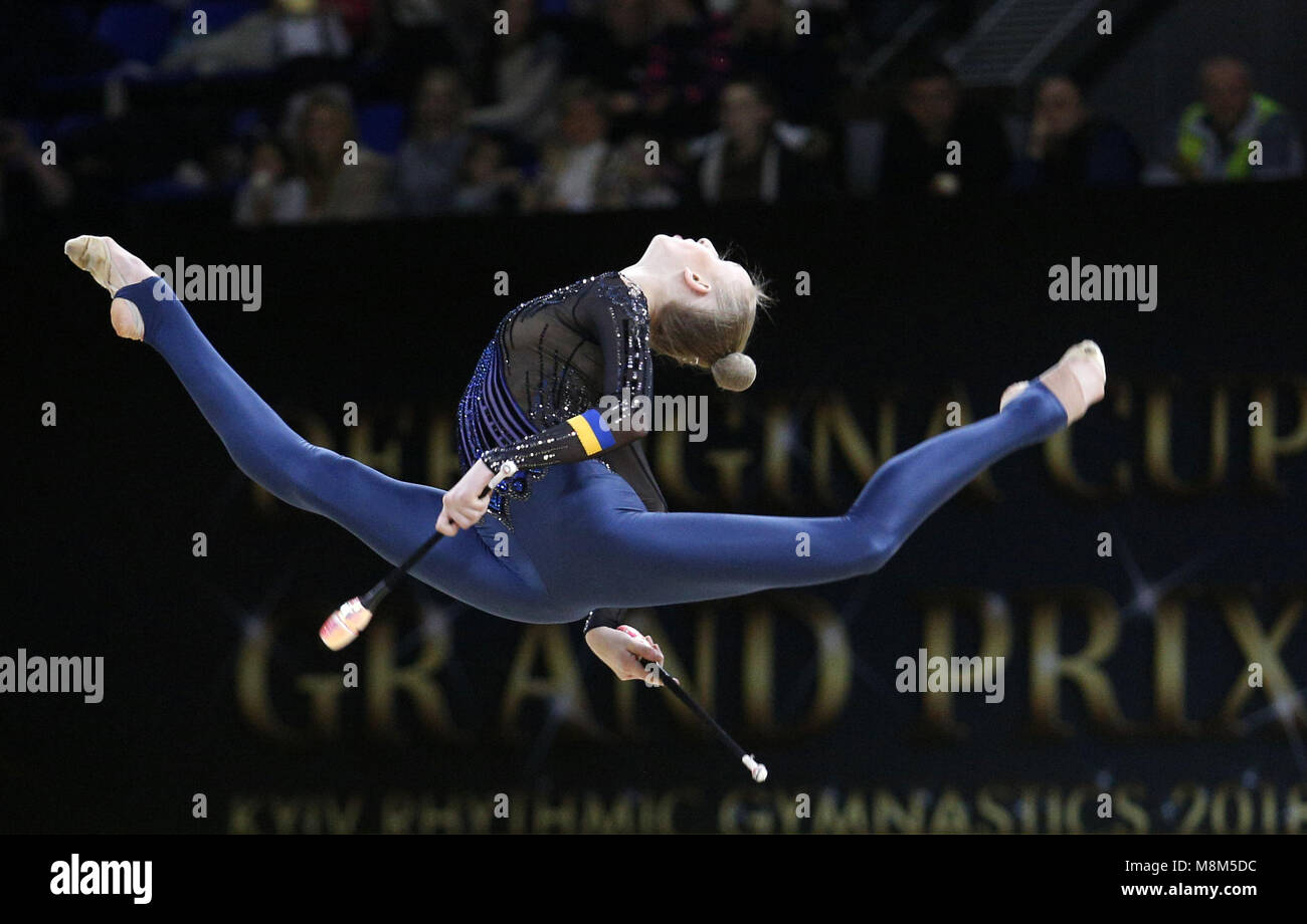 Gymnast from Ukraine Olena Diachenko performs during the competition ...