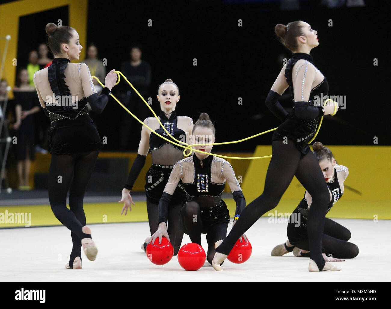 Group gymnasts from Ukraine performs during the competition for the ...