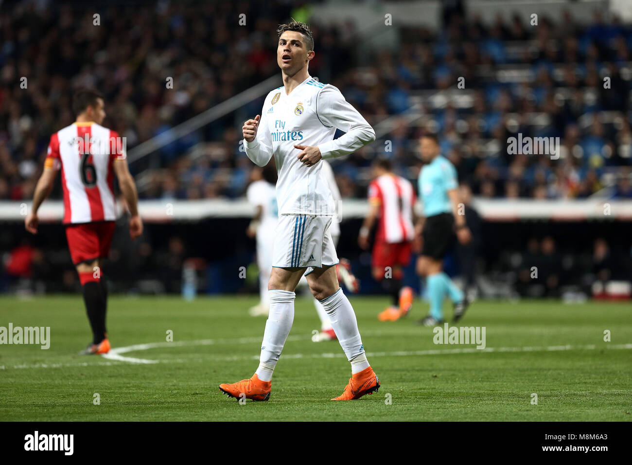 Madrid, Spain. 18th Mar, 2018. Cristiano Ronaldo (Real Madrid) reacts ...