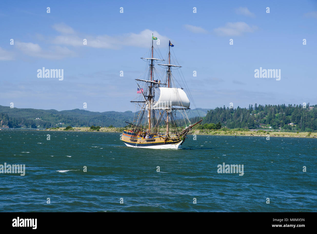 The Brig Lady Washington sailing through Coos Bay, Oregon Stock Photo ...