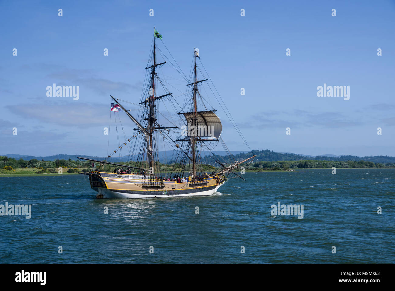 The Brig Lady Washington sailing through Coos Bay, Oregon Stock Photo ...