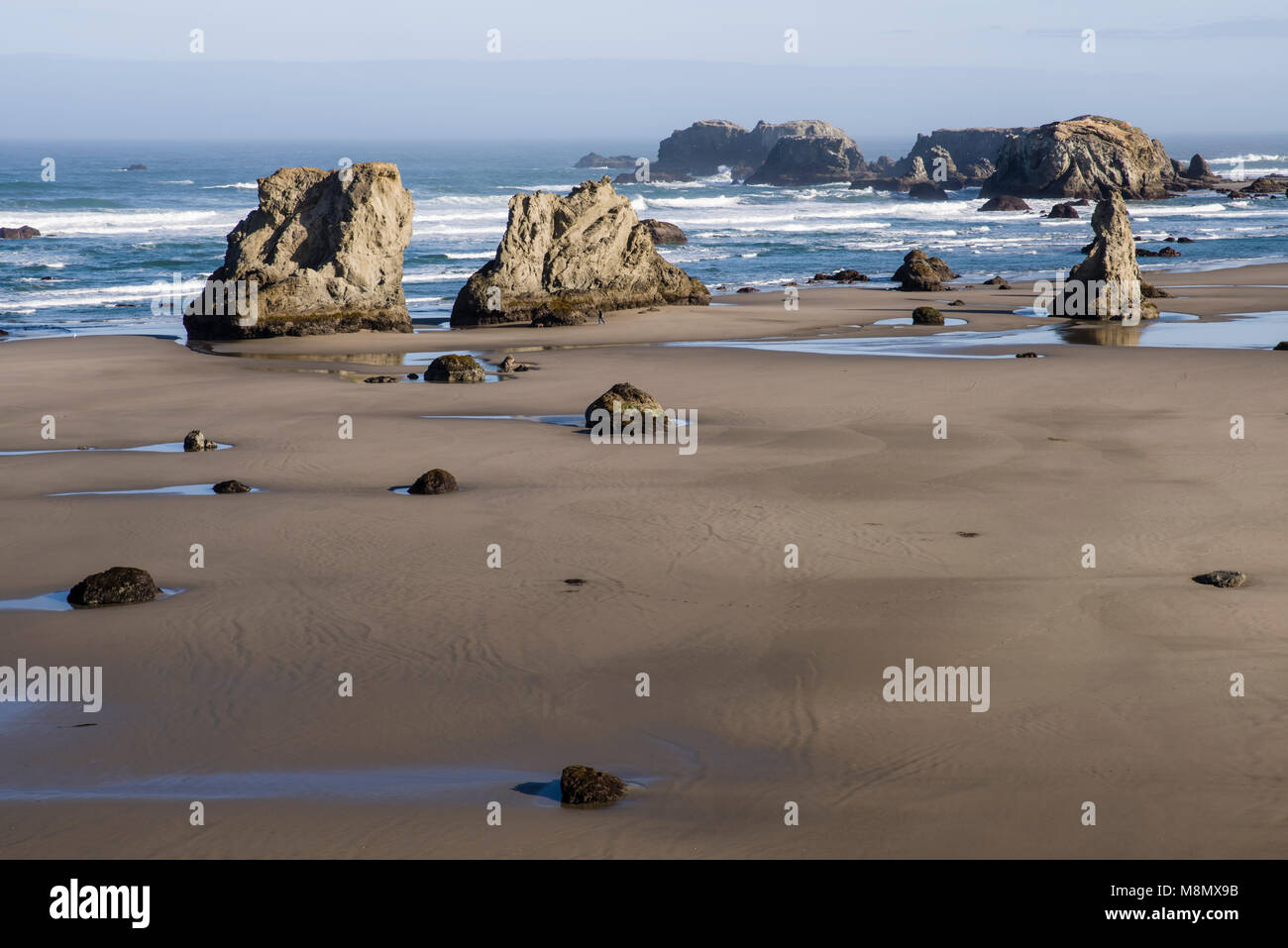 Rock outcrops from volcanic eruptions on the beach at Face Rock State ...