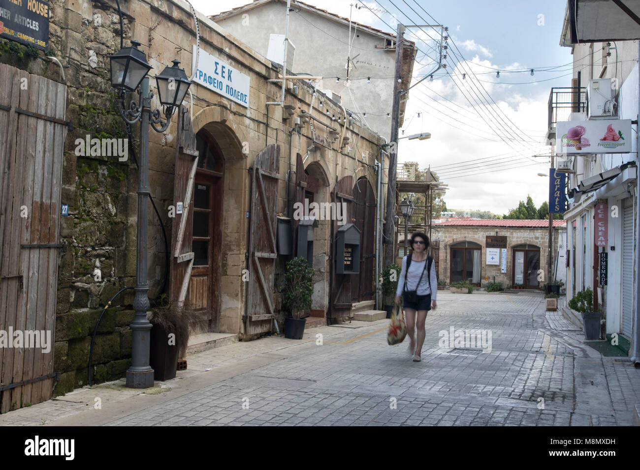 Lone tourist in the old town of Paphos, Cyprus, Mediterranean Stock ...