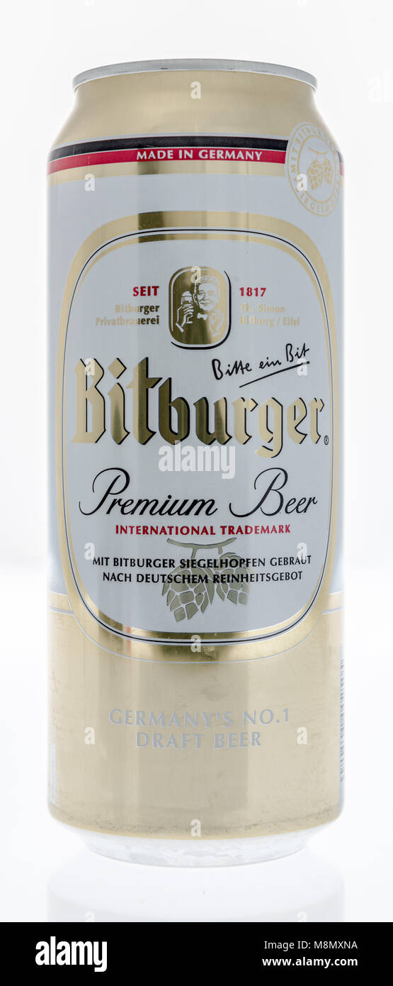 Winneconne, WI - 10 March 2018: A can of Bitburger beer on an isolated ...
