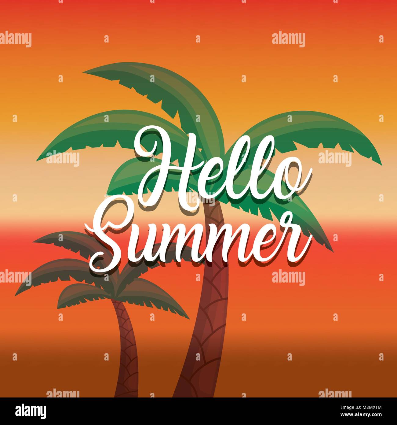 Hello summer design with tropical palms over sunshine background ...