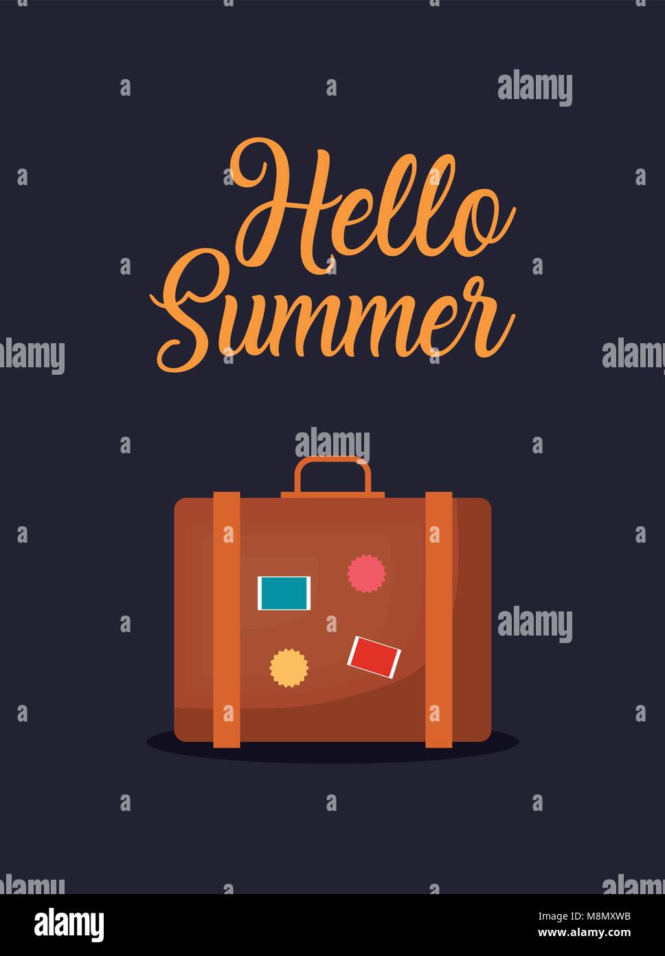 Hello summer design with travel suitcase over black background ...