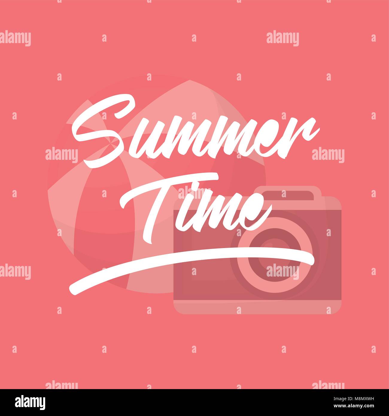 Summer time design with camera and ball over pink background, colorful ...