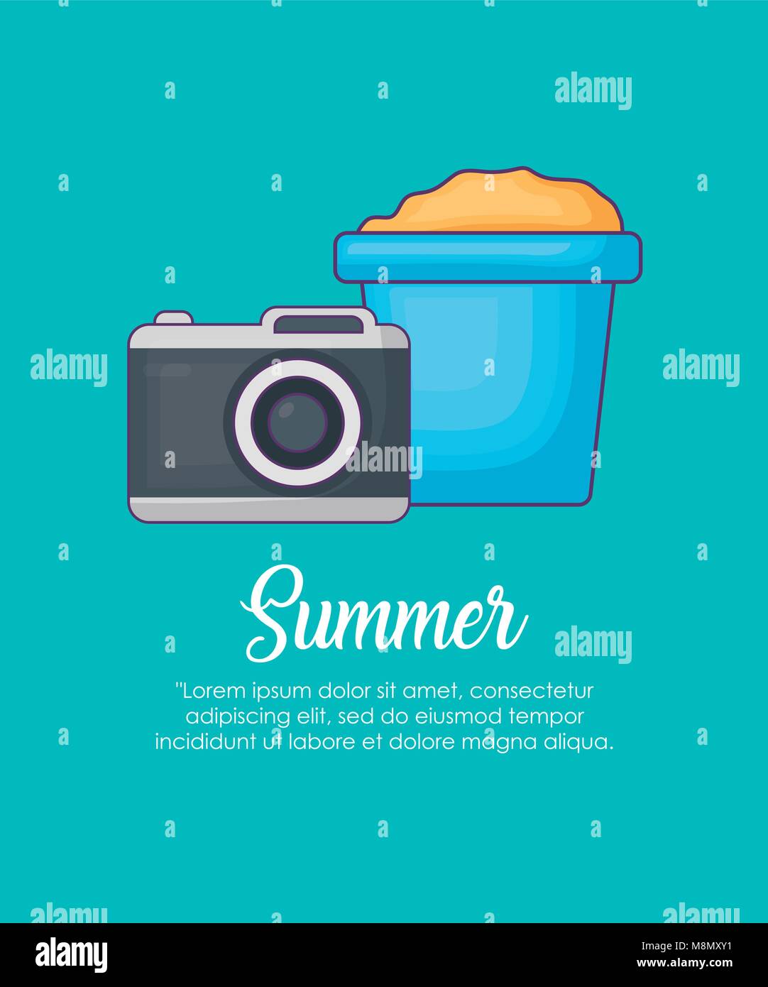 Infographic of summer concept with camera and bucket with sand over ...