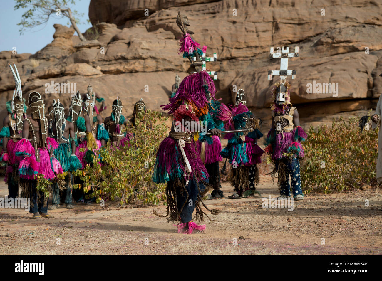 A Dogon masked dancer shaking a stick during a ritualistic tribal dance ...