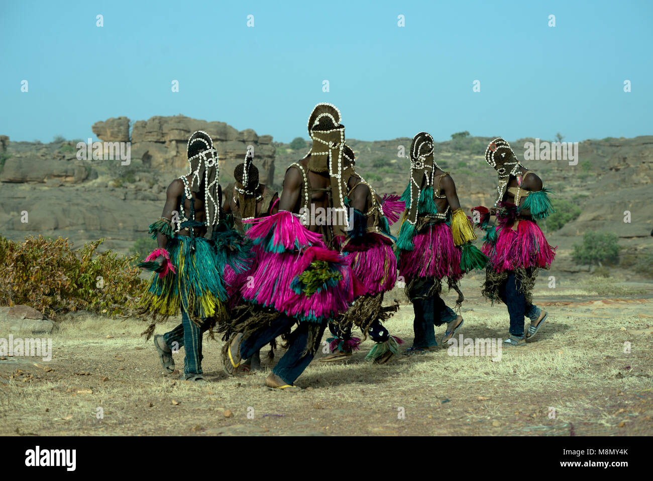 A group of Dogon men performing a ritual tribal masked dance ceremony ...