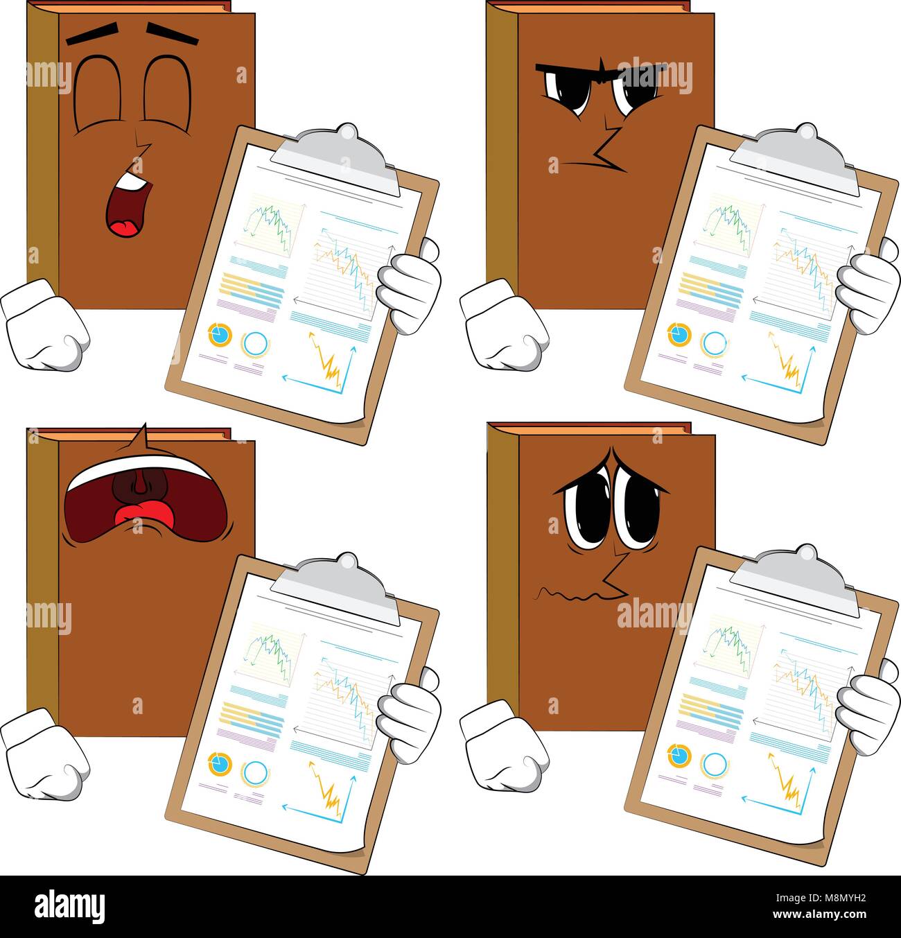Books shows finance report. Cartoon book collection with sad faces ...