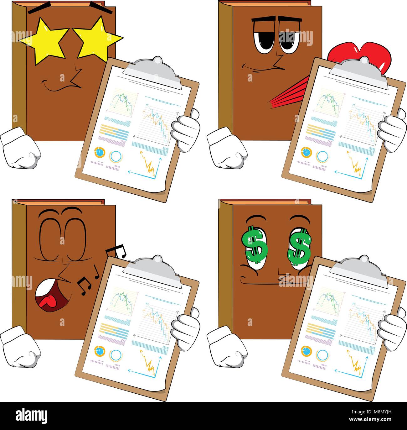 Books shows finance report. Cartoon book collection with various faces ...