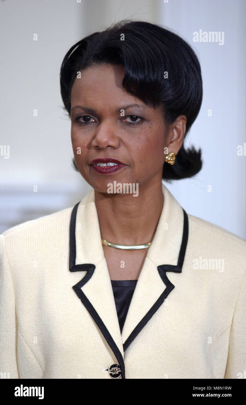 Dr. Condoleezza Rice listens as United States President George W. Bush ...