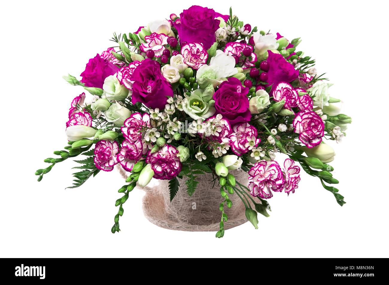 Beautiful basket of colorful flowers at white background isolated Stock ...