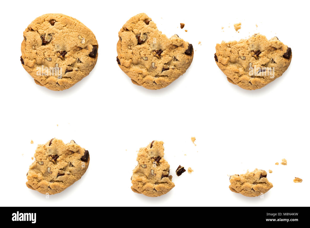 Six steps of chocolate chip cookie with pecan nuts vanishing. Sequence ...