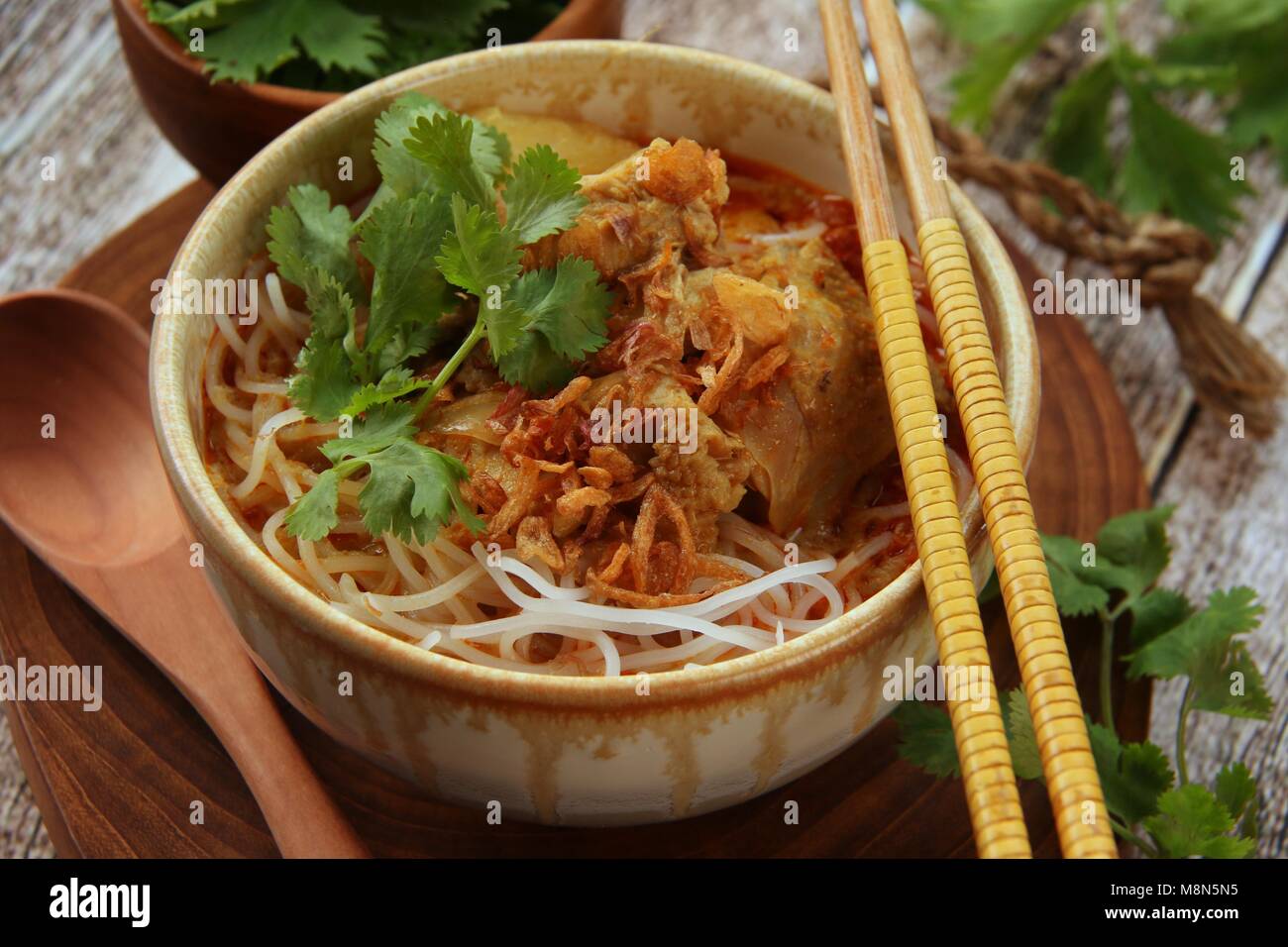 Bihun Kari. Fusion food of rice noodles with chicken curry soup; a ...