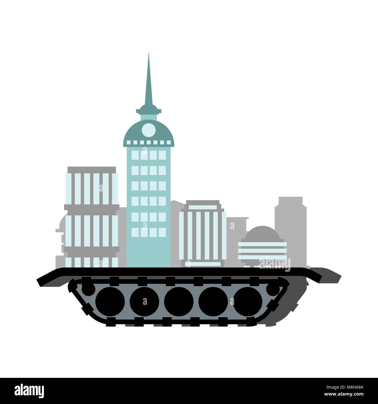 Town on wheels. Mobile city. Skyscraper and house. Moving place Stock ...