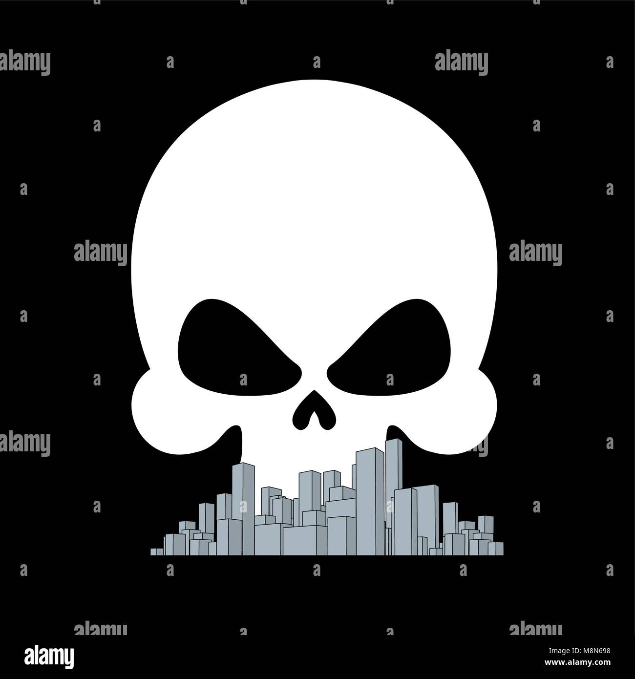 Death of city. Skull over town. Bad ecology concept illustration Stock ...
