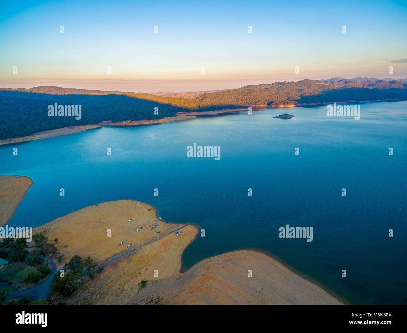 Aerial view of Lake Burrinjuck at sunset. New South Wales, Victoria ...