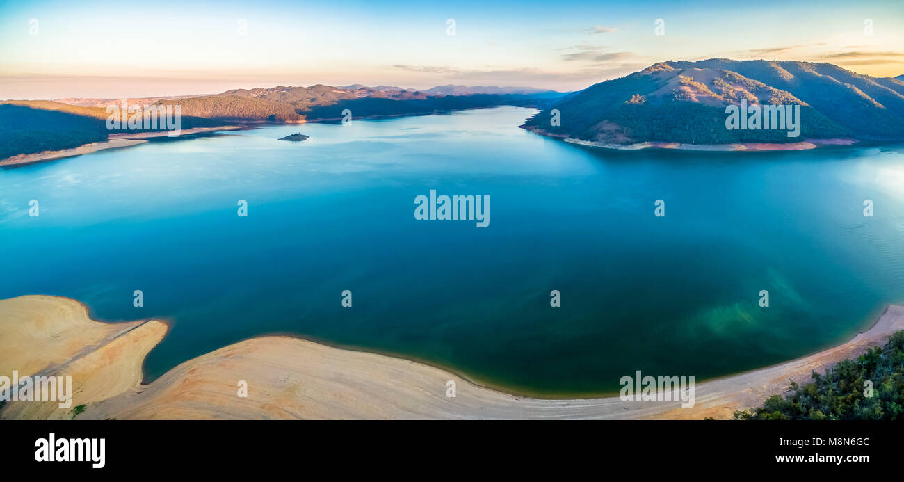 Aerial panorama of Lake Burrinjuck at sunset. New South Wales ...