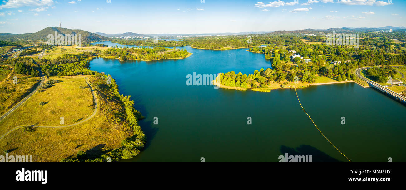 Wide aerial panoramic landscape of scenic Lake Burley Griffin in Canberra, ACT, Australia Stock ...