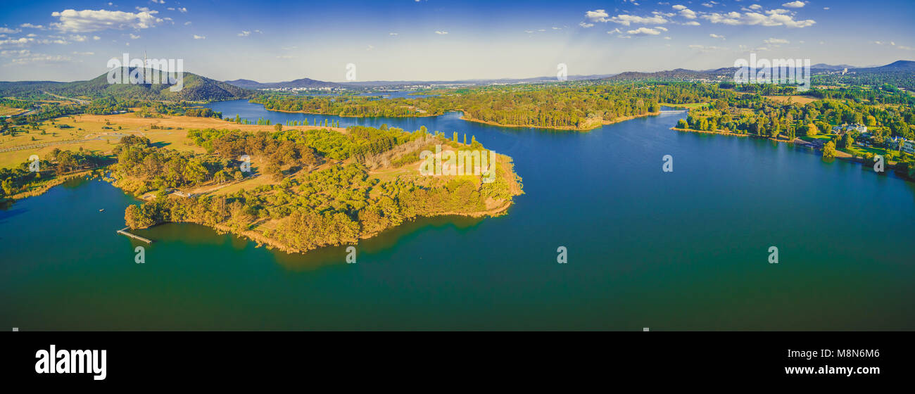 Wide aerial panorama of Lake Burley Griffin in Canberra, Australia ...