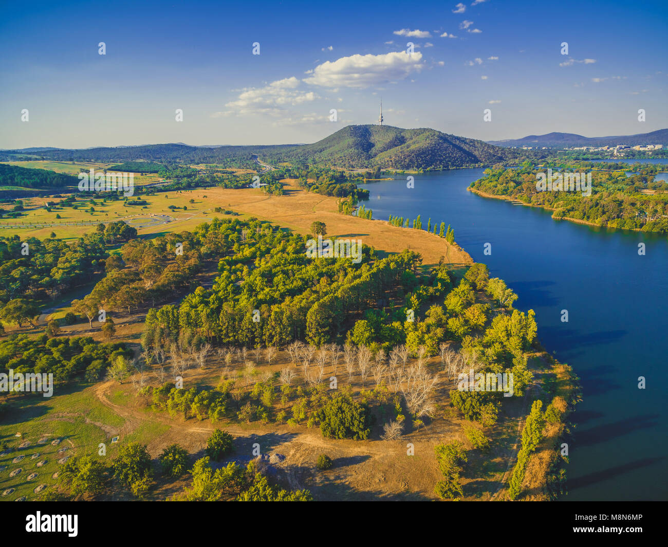 Aerial view of Molonglo river and iconic Telstra tower in Canberra ...