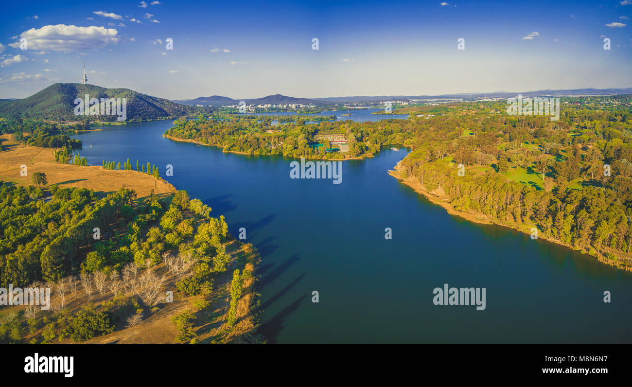 Aerial panorama of Molonglo river and countryside in Canberra ...
