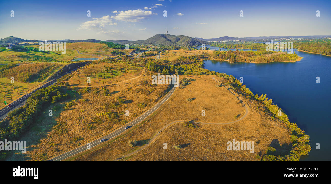 Aerial view of Molonglo river and scenic countryside near Canberra ...