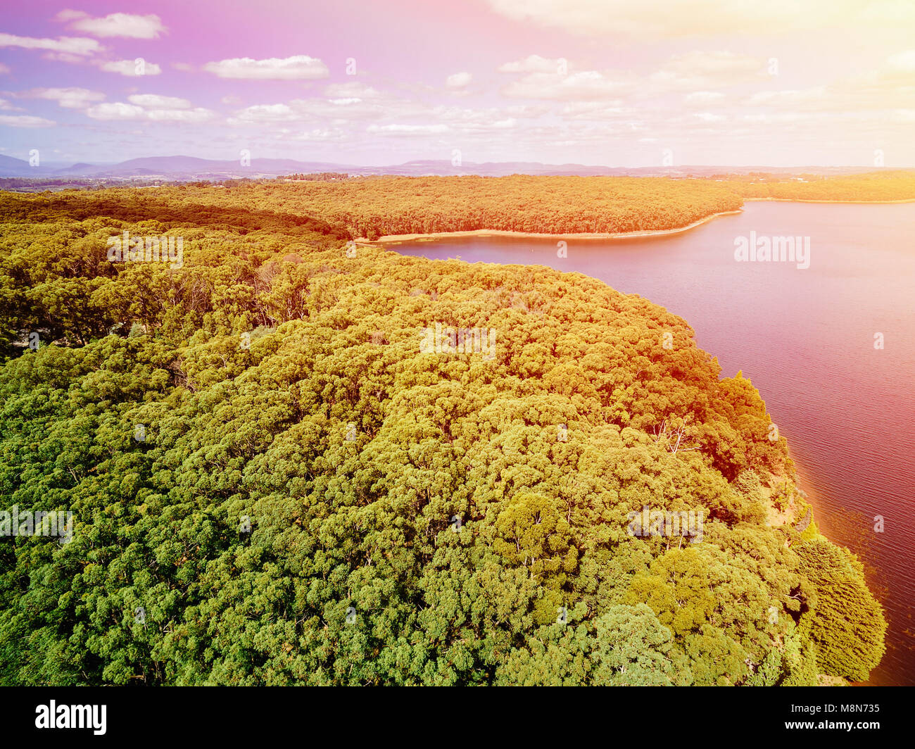 Aerial view of lake and native Australian vegetation at sunset Stock ...