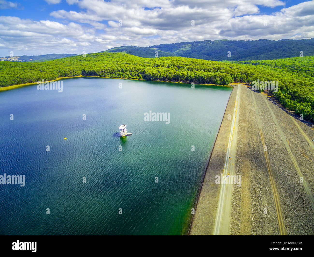 Aerial view of Silvan Reservoir lake dam wall and green hills. Melbourne, Australia Stock Photo ...