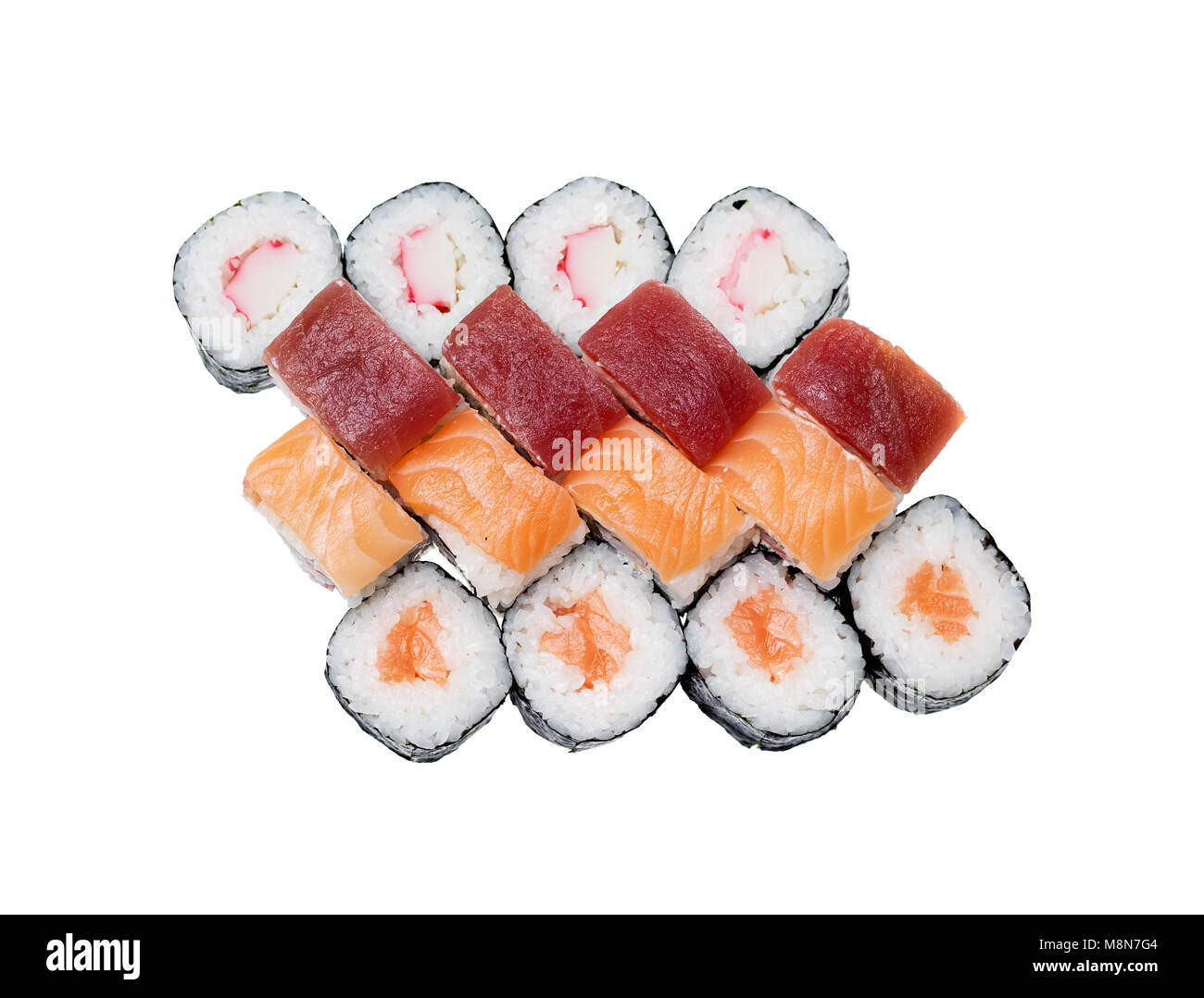 Different kinds of sushi roll isolated on white background. Japanese ...